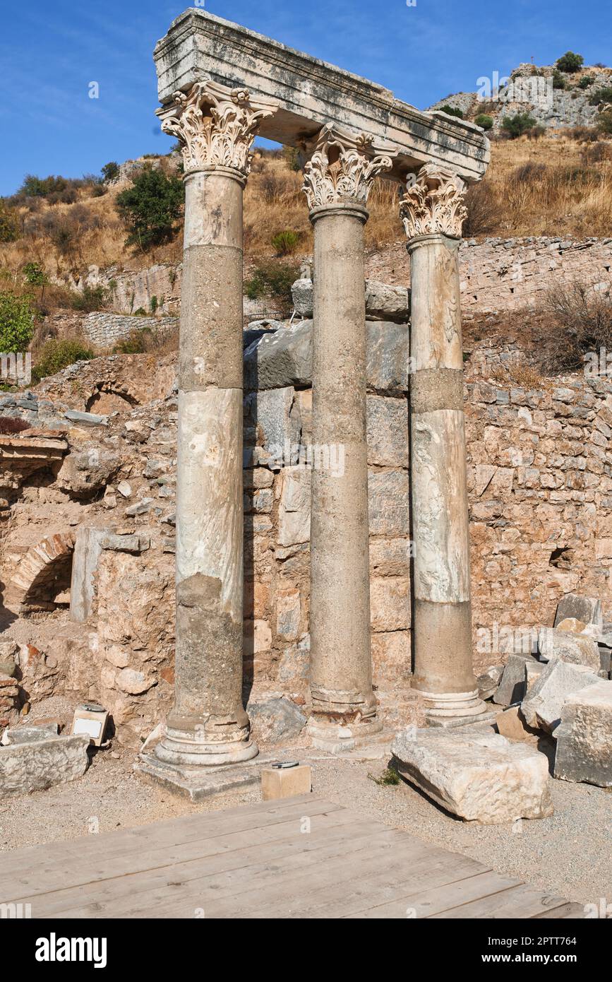Historical Turkey pillars Ephesus in an ancient city. Excavated remains ...