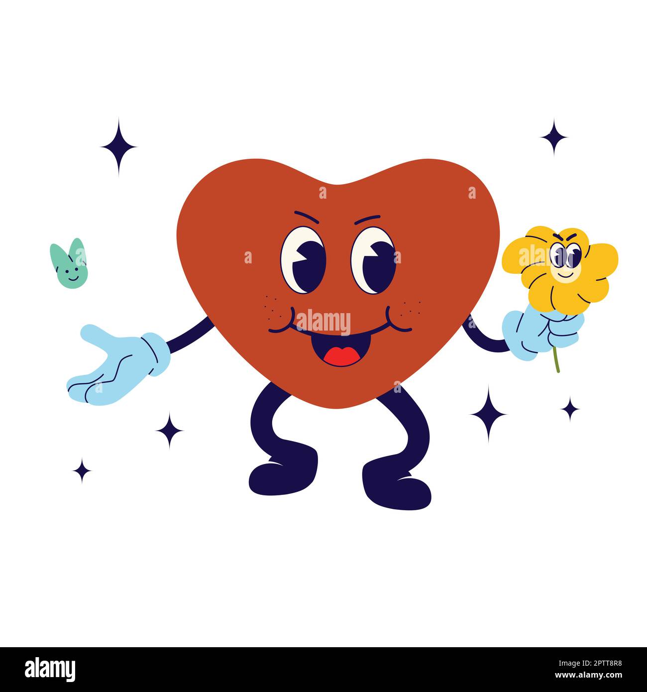 Cheerful heart holding a flower, 70's groovy Retro print. illustration ...