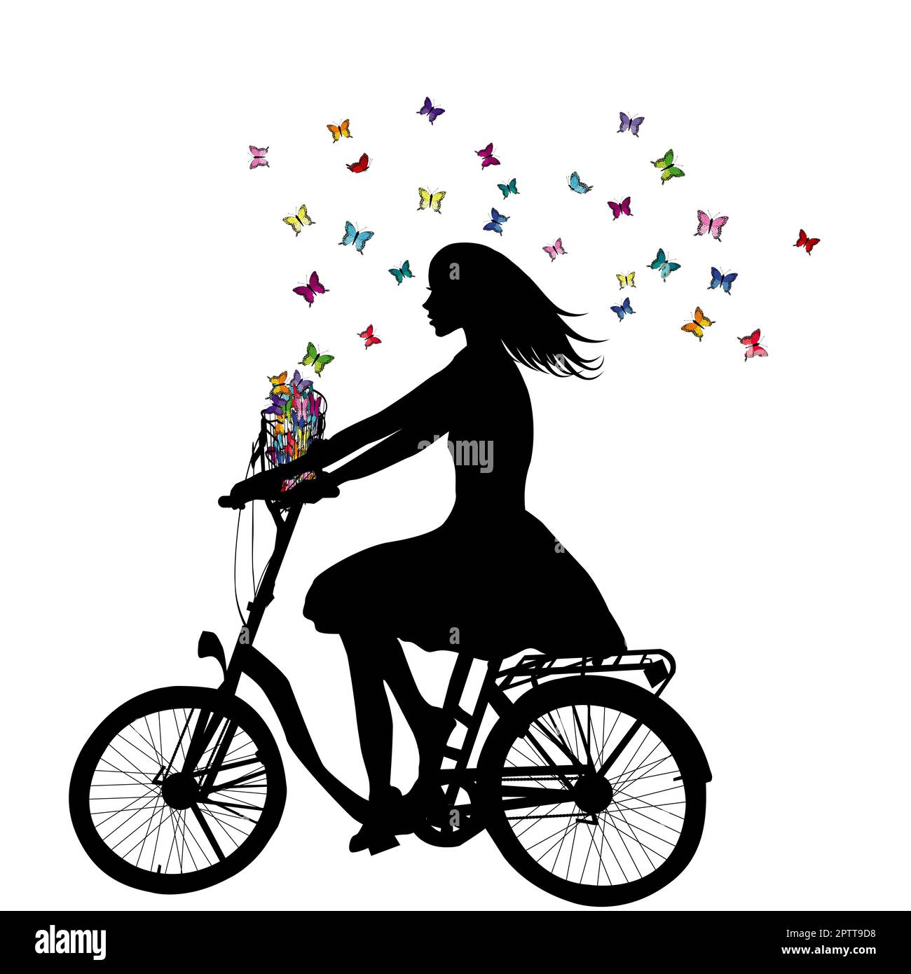 Abstract stylized silhouette of woman on a bicycle with butterflies ...