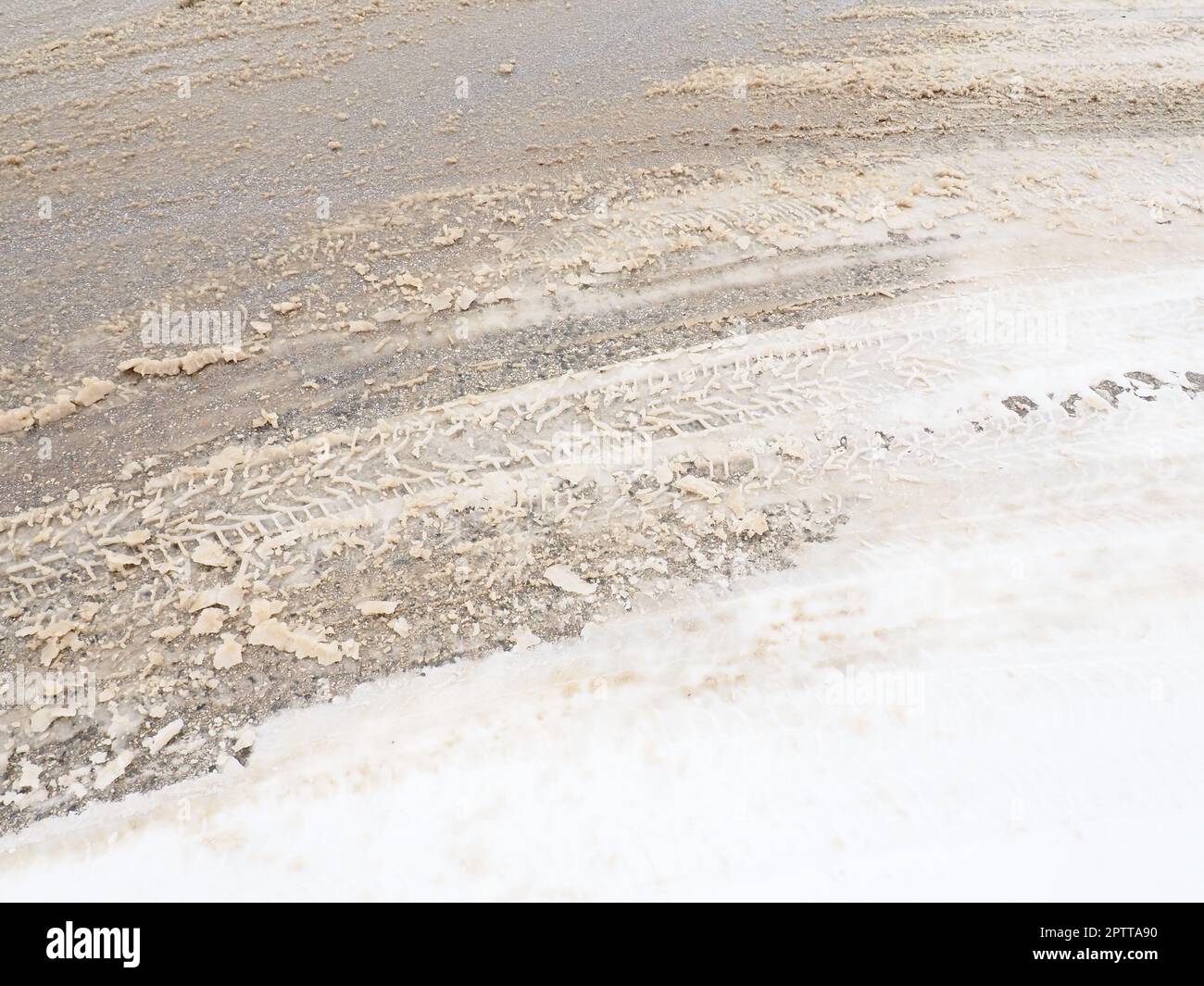 Snowdrifts on the side of the road. Bad weather and traffic. Snow on ...