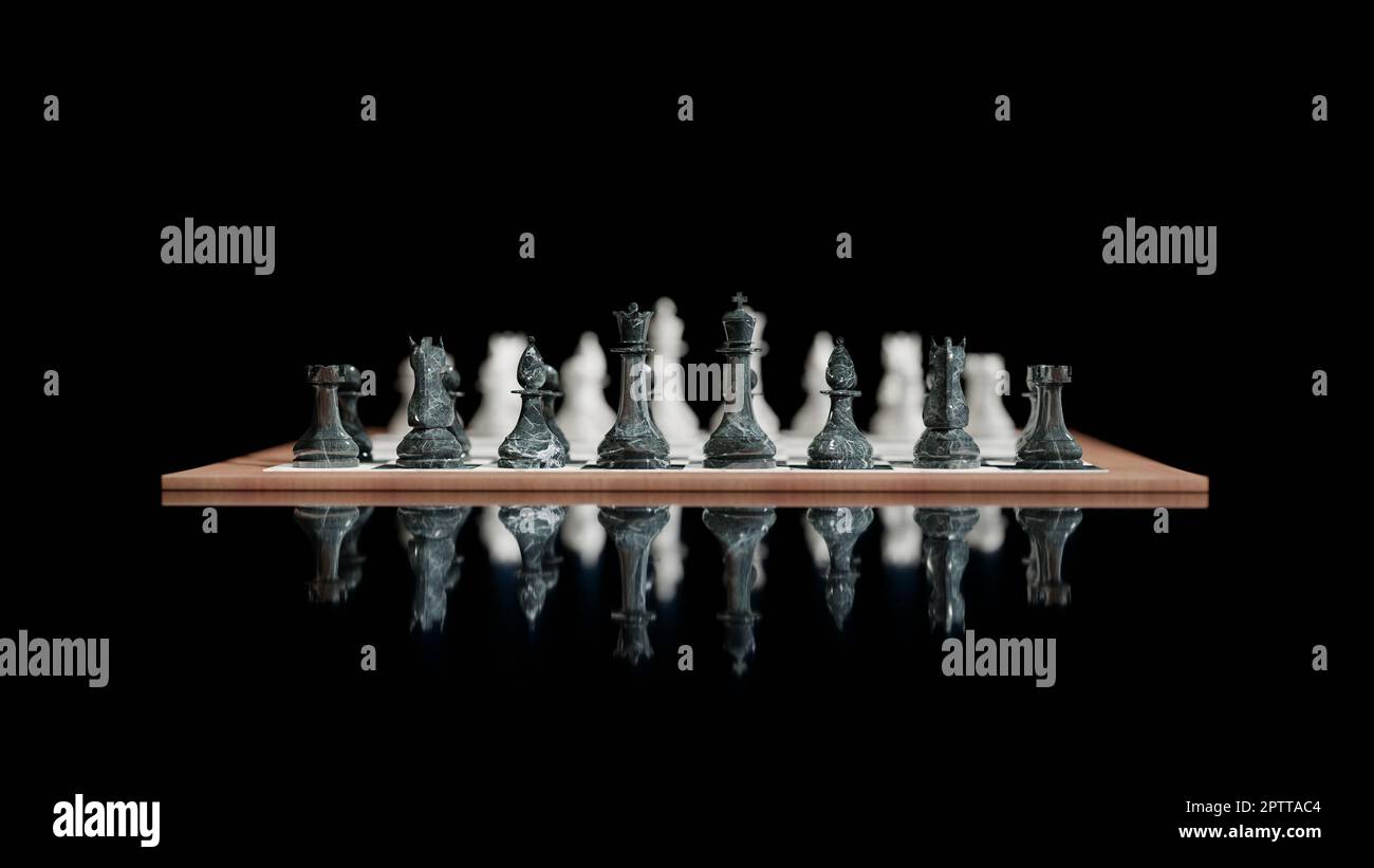 Chess formation on the board with reflections and black background ...