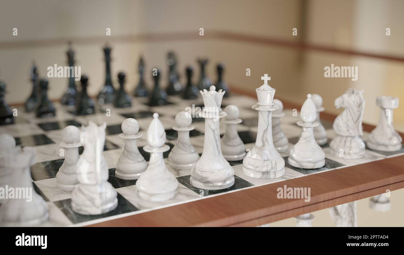 Chess formation on the board. Elegant marble pieces. Digital 3D ...