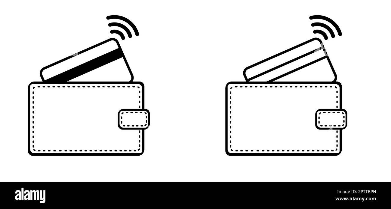 nfc pay. payment pictogram. Cartoon wallet and credit card. Contactless ...