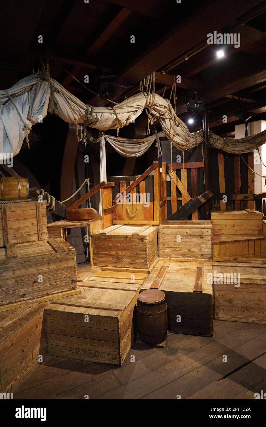 The hold inside the replica of the Dutch East Indiaman (VOC) vessel ...