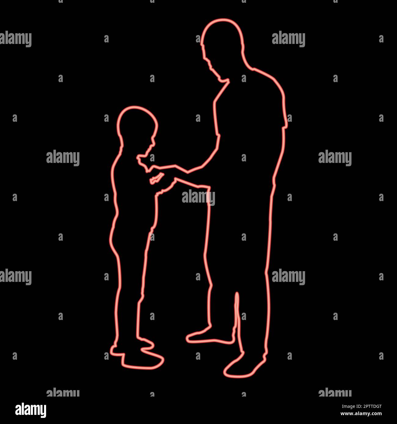 Neon man transmits thing to boy Father Male give book gadget smartphone ...