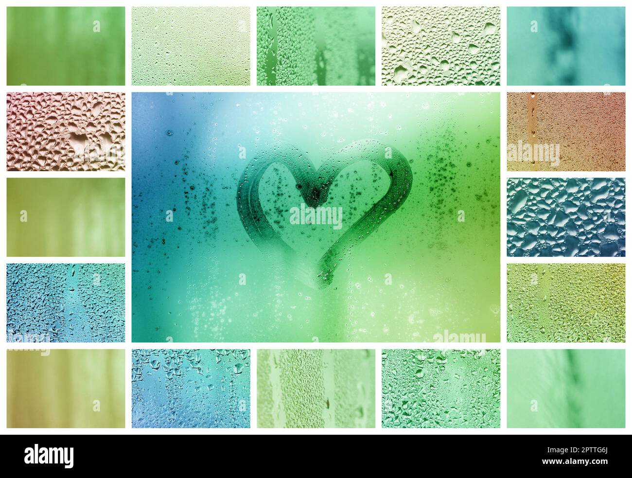 A collage of many different fragments of glass, decorated with rain ...