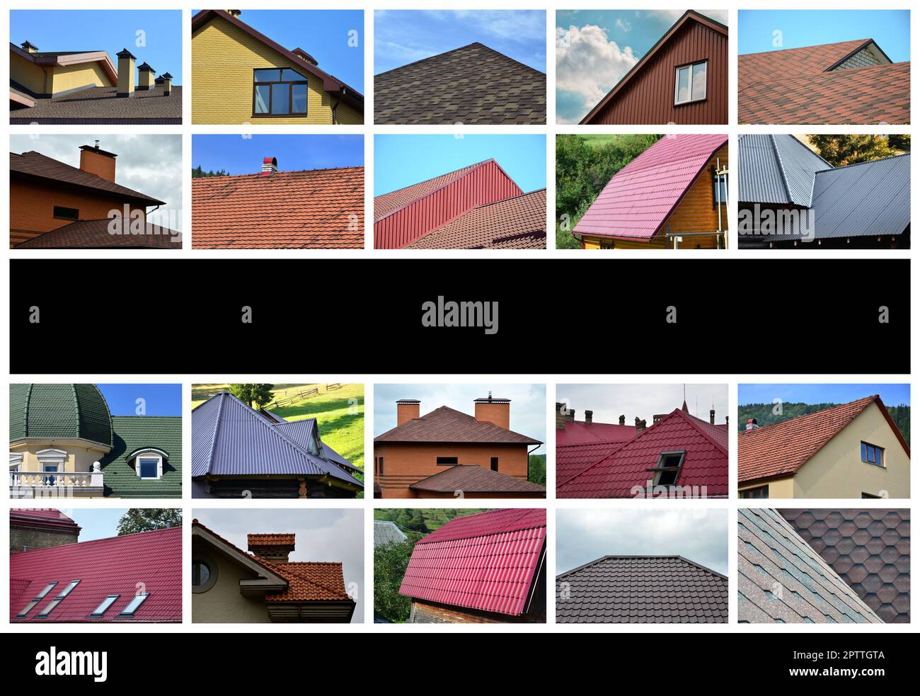 A collage of many pictures with fragments of various types of roofing ...