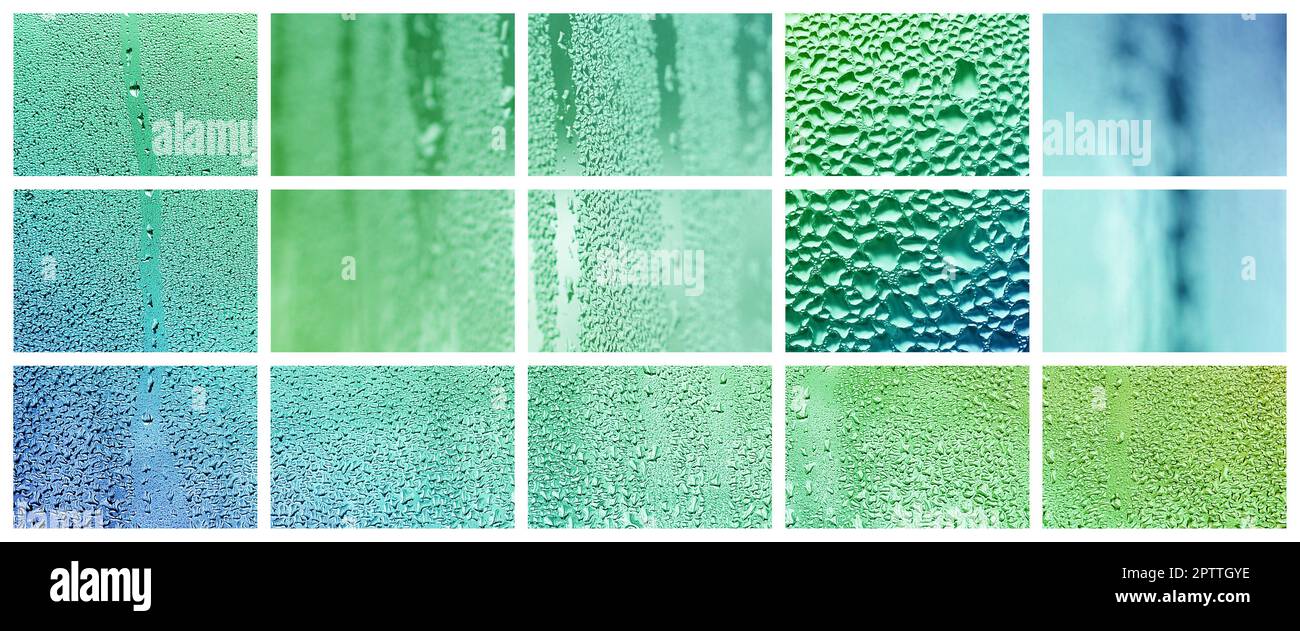 A collage of many different fragments of glass, decorated with rain ...