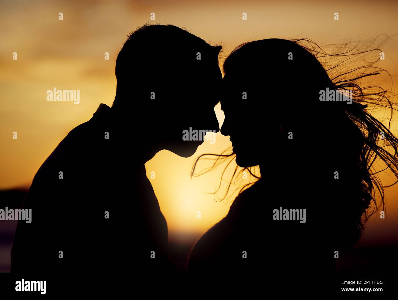 Silhouette couple enjoying romantic moment with their foreheads touching against sunset ...