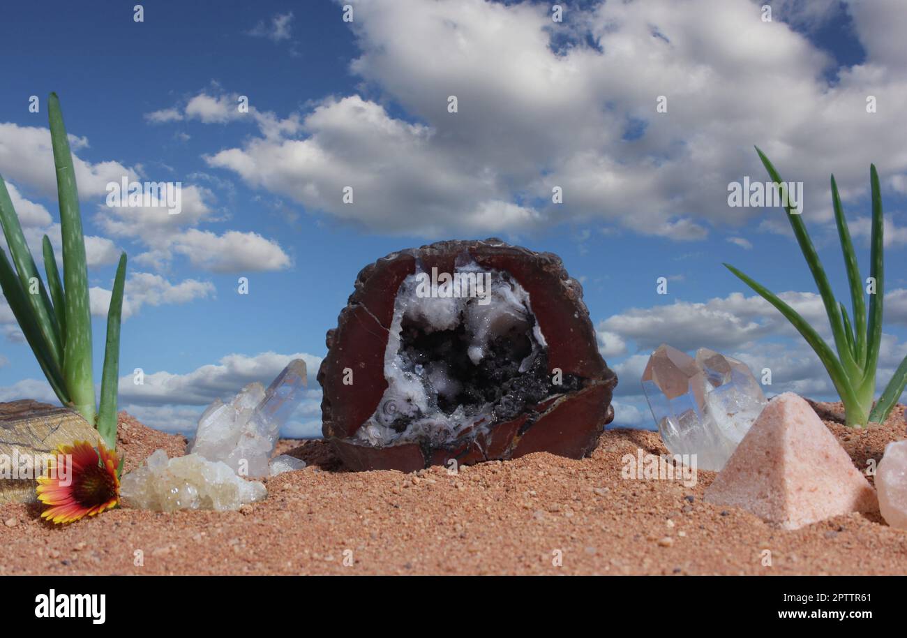 Chakra Stones and Aloe Plant on Australian Red Sand. Meditation Altar ...