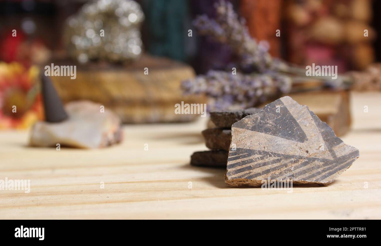 Ancient Native American Pottery Pieces With Crystals and Flowers on ...