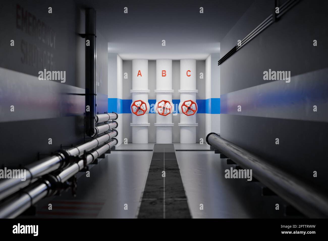 Clean, modern industrial hallway with large pipelines and red valves ...