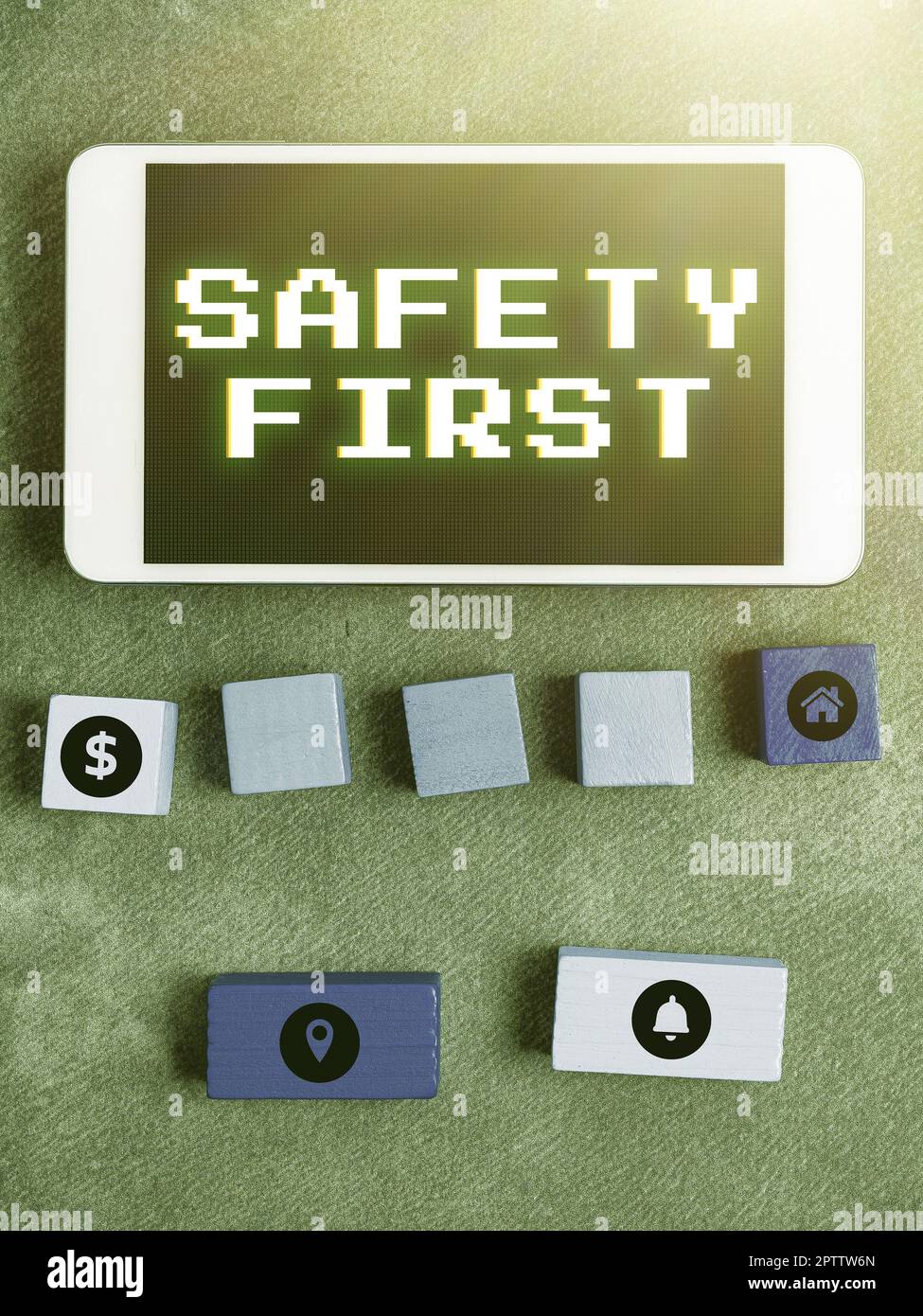 Sign displaying Safety First, Business overview Avoid any unnecessary ...