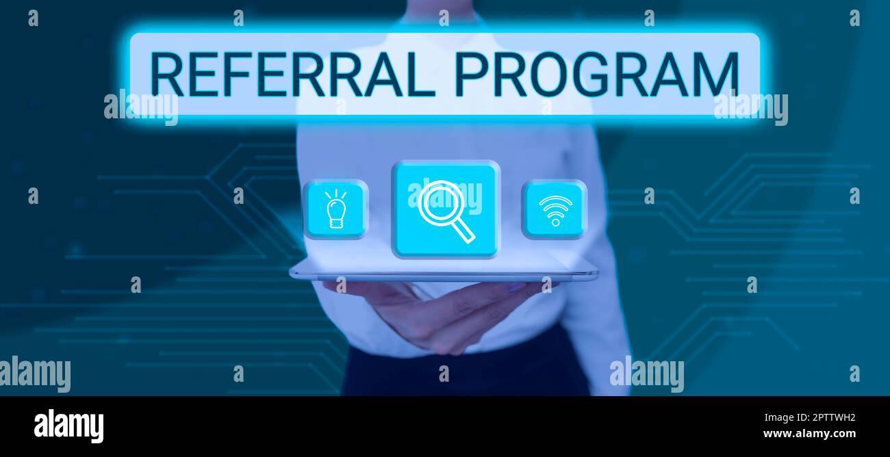 Text sign showing Referral Program, Business idea employees are ...