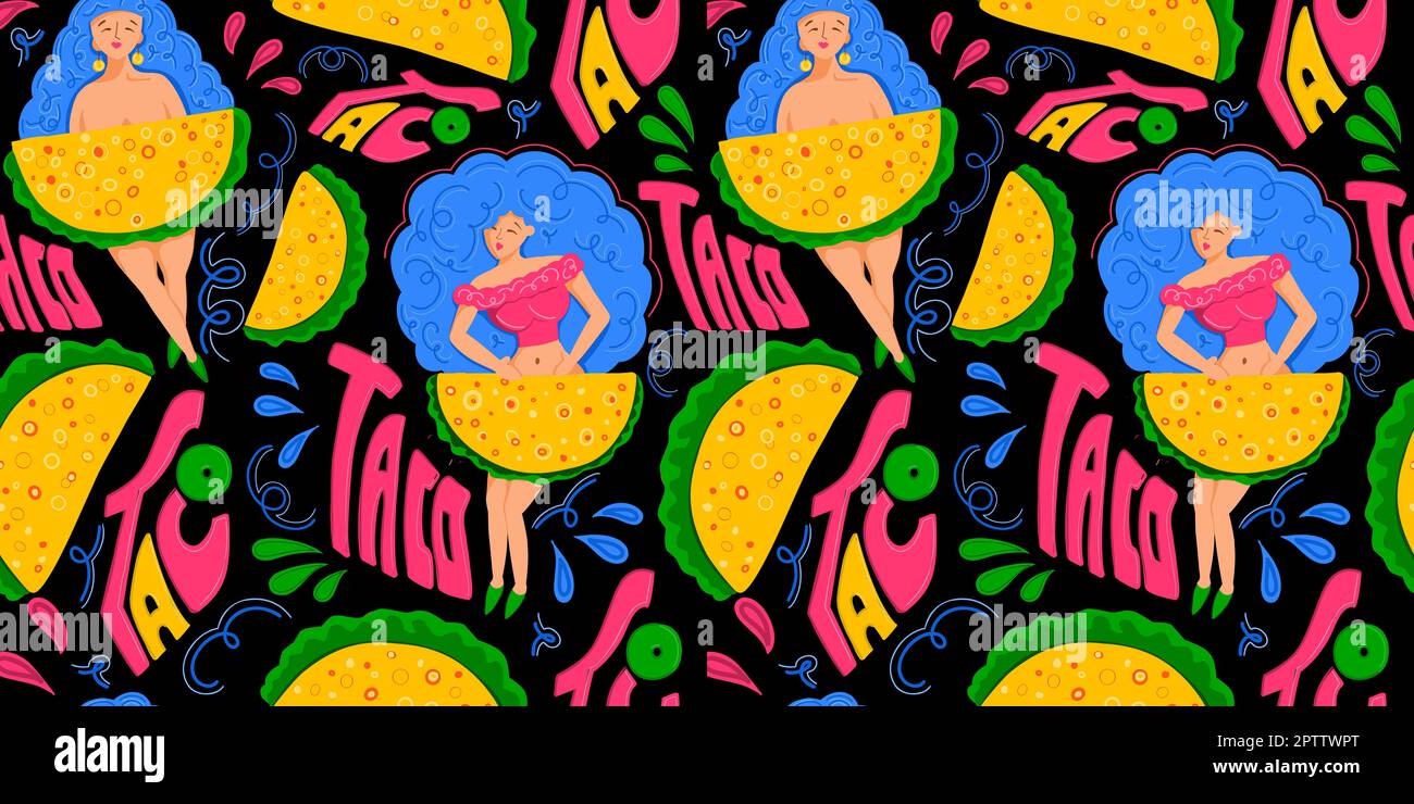 Taco. Mexican cuisine. Taco seamless pattern. Modern print for printing ...