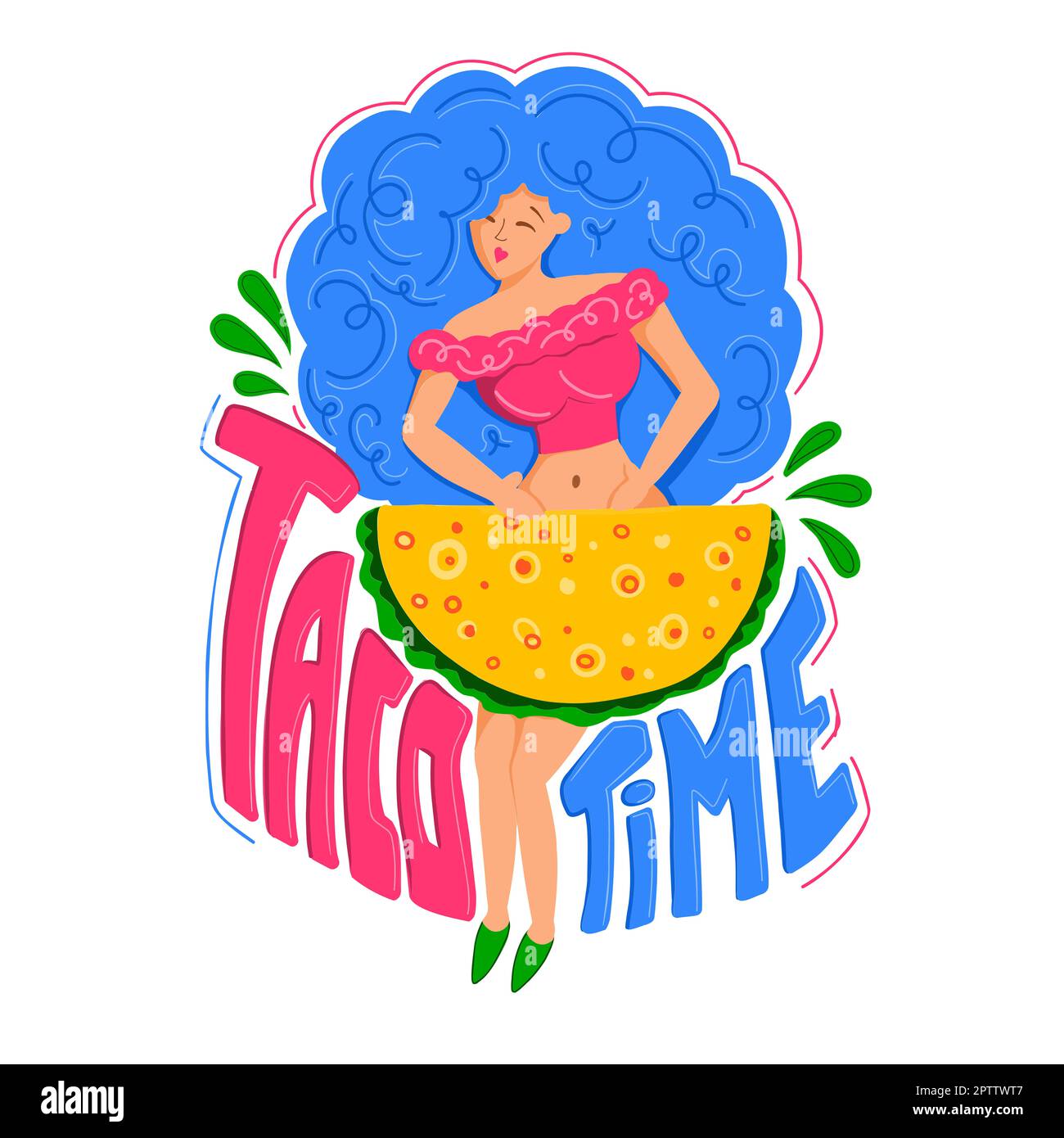 Taco. Mexican cuisine. Illustration of a girl and a taco. Modern print ...