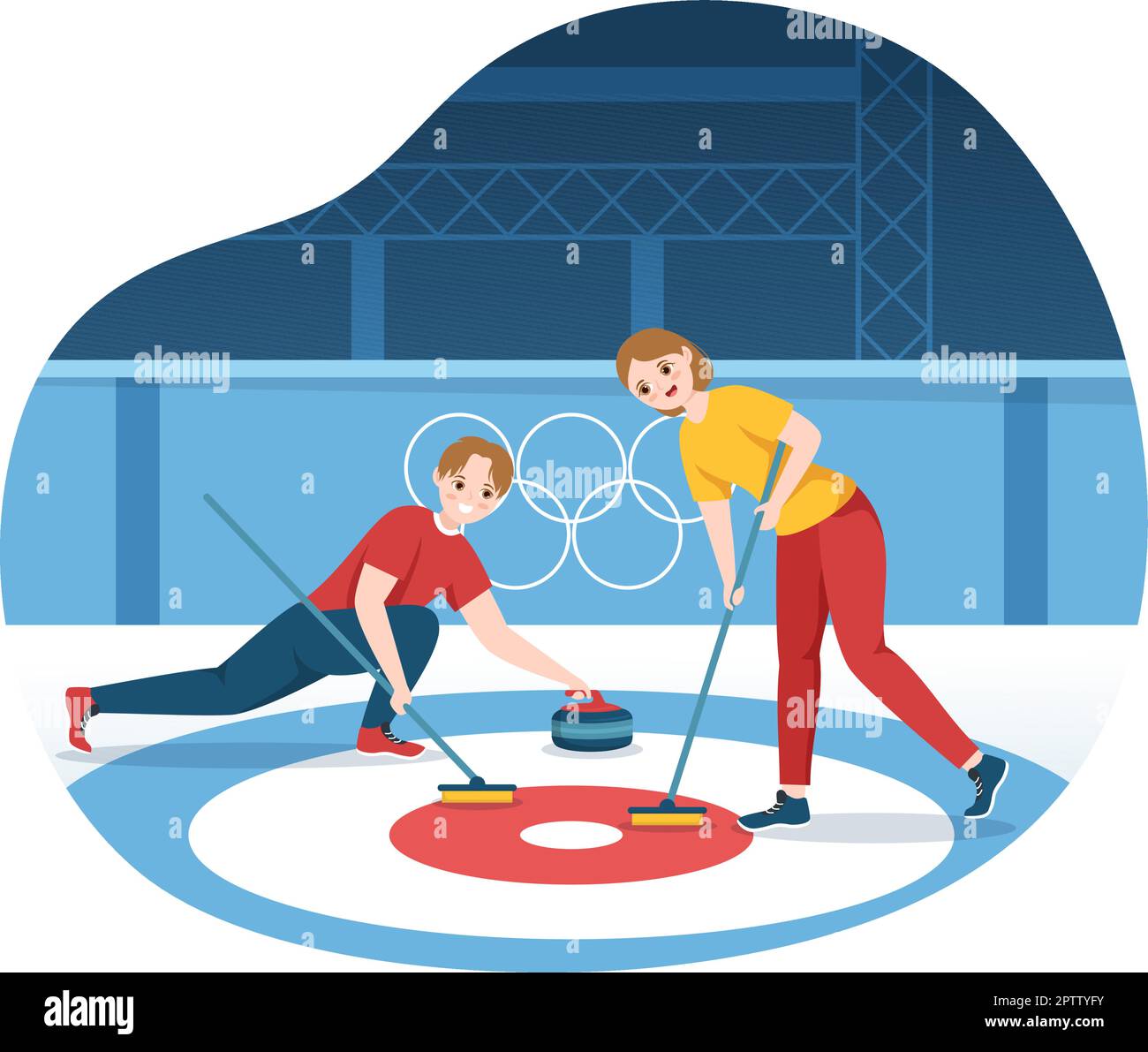 Curling Sport Illustration with Team Playing Game of Rocks and Broom in ...