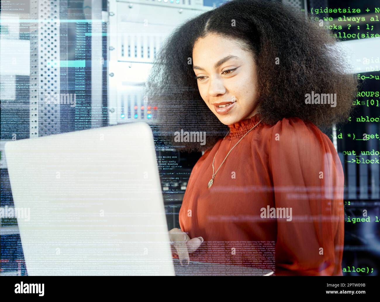 Data Overlay Black Woman With Laptop In Server Room And Future Of