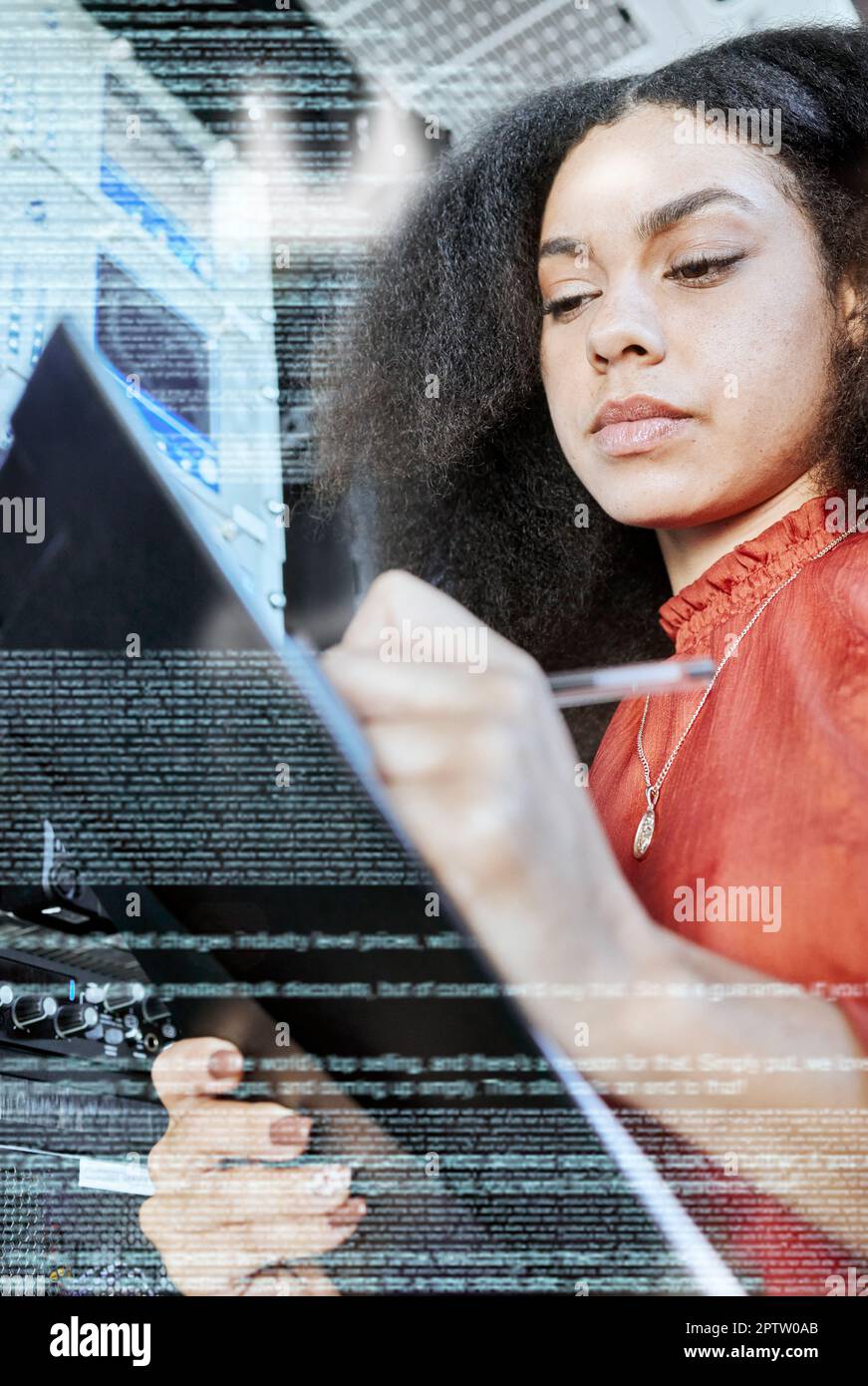 Server, information technology and woman writing on clipboard for ...