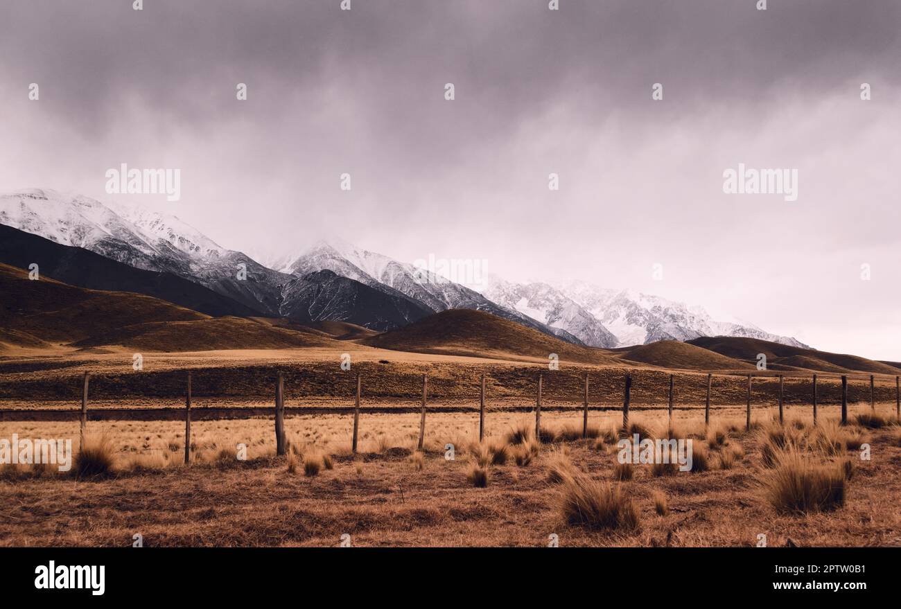 Dry grassland with rolling hills by the snowy Andes mountains in Valle ...