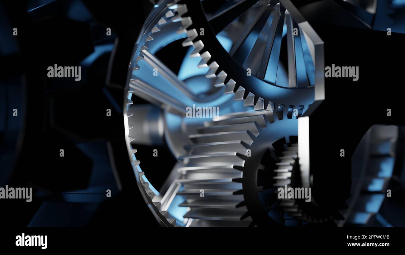 Steel gears from an engine gearbox, close up. High performance engines ...