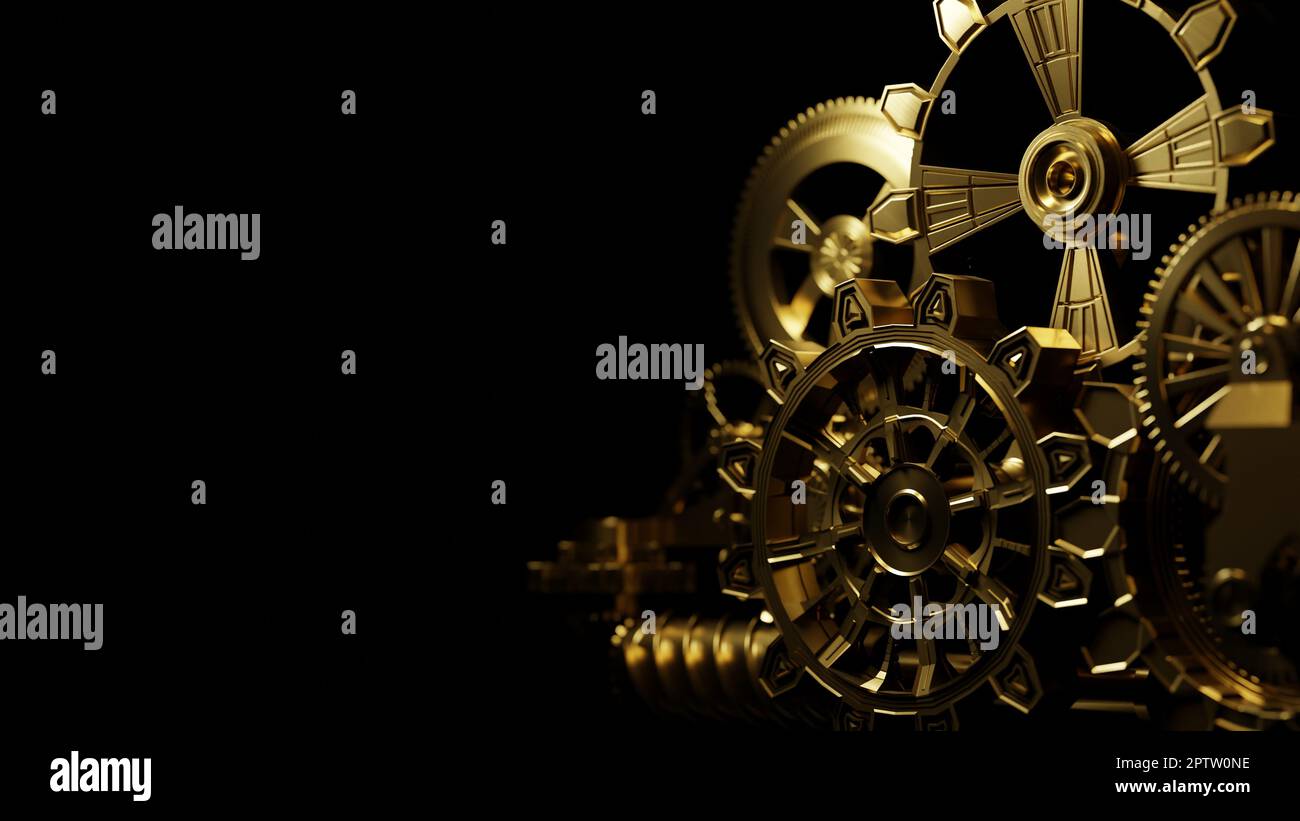 Golden clockwork mechanism, close up. Precision engineering, concept ...