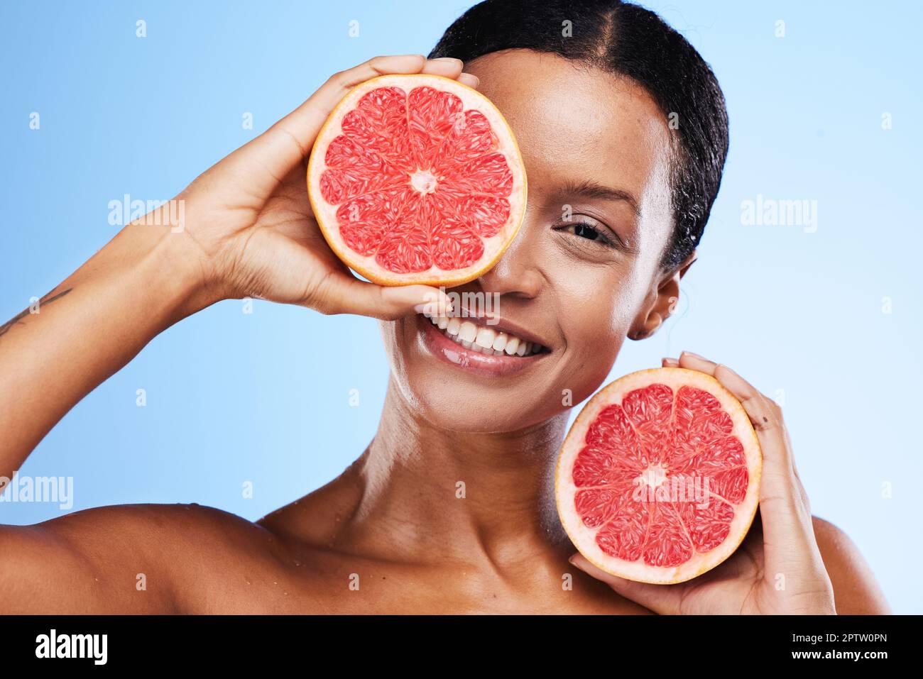 Black woman, fruit and smile in healthy skincare holding grapefruit for ...