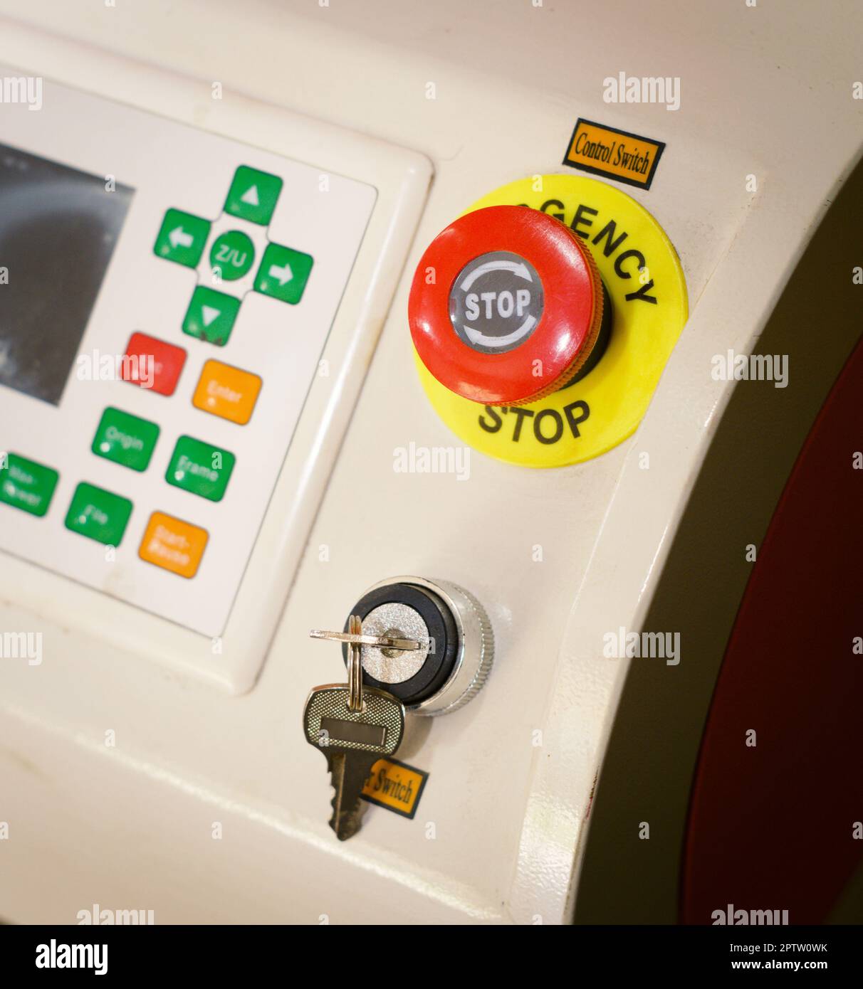 Emercency stop button. Big red button, power switch on industrial ...