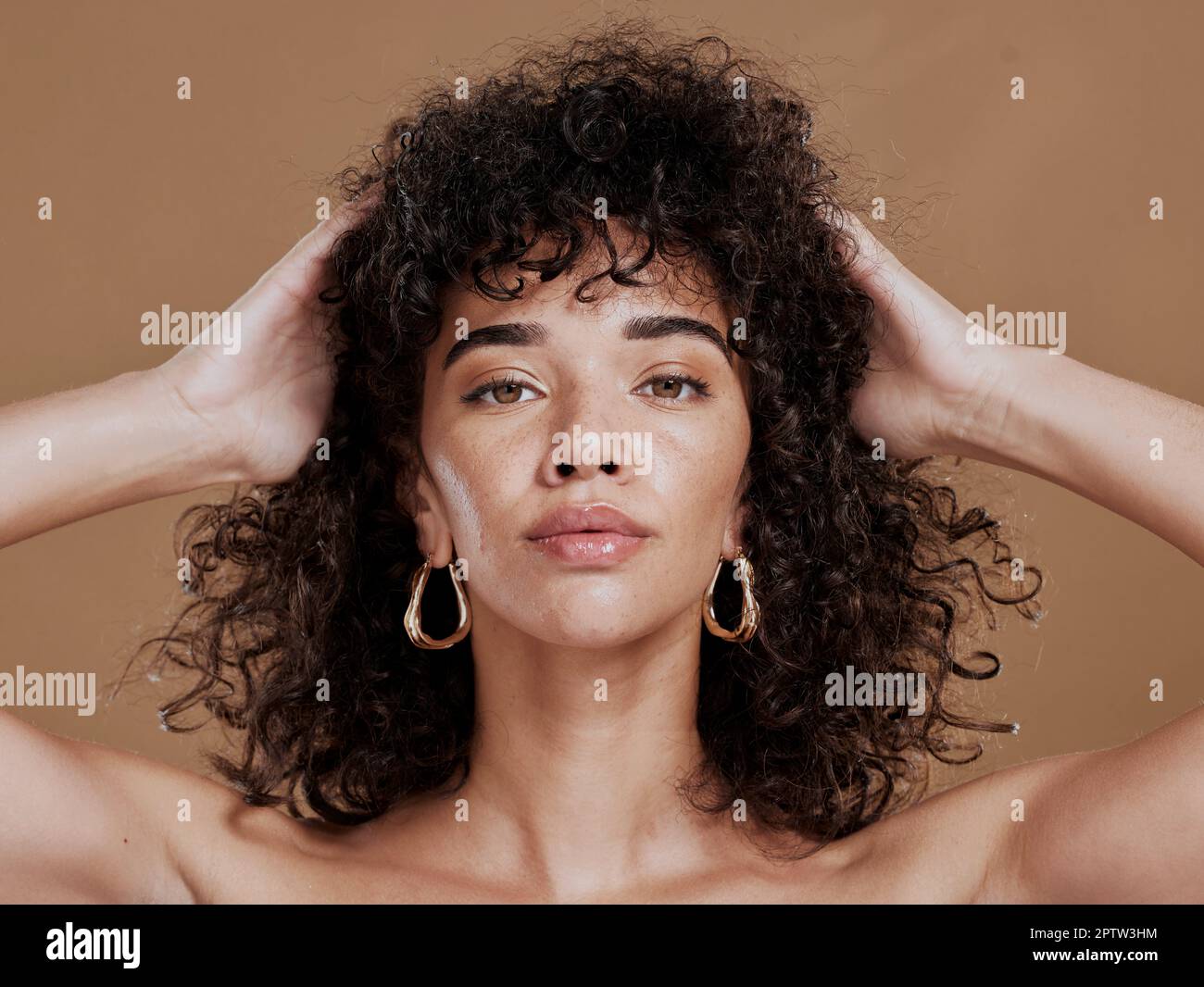 Hair care, black woman and portrait with curly hair, beauty and wellness by cosmetics background ...