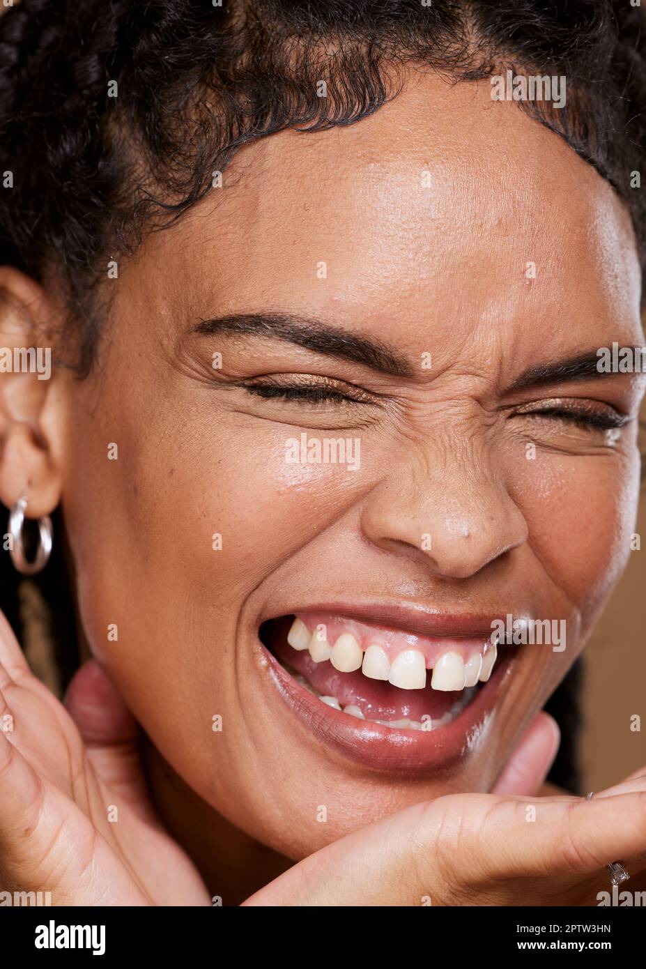 Facial, beauty and crazy face, happy and skincare with smile, laugh and ...