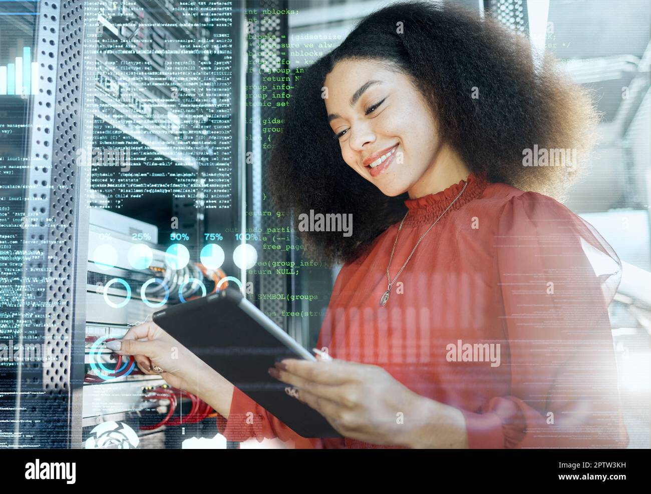 Black woman, tablet and server check internet connection, cyber security or coding programming ...
