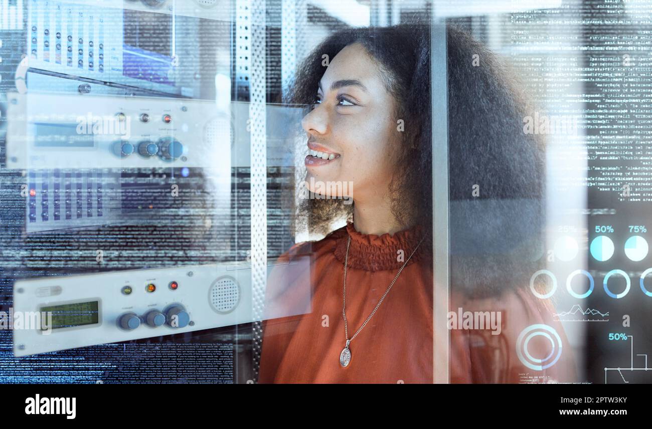 Overlay, data center and black woman doing maintenance in a server room ...