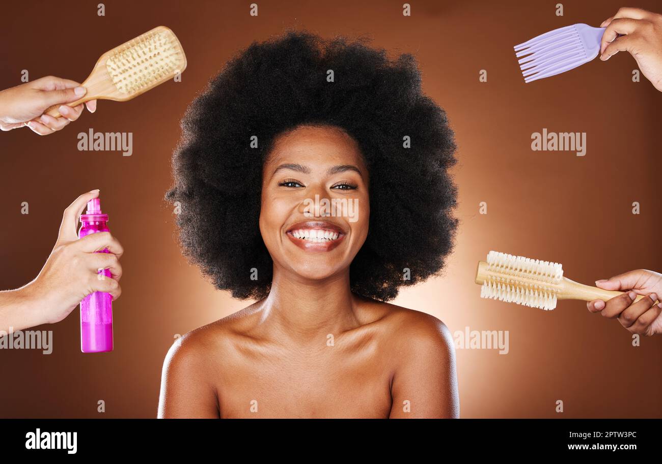 Portrait, hair care and black woman with smile, hair products and happy ...