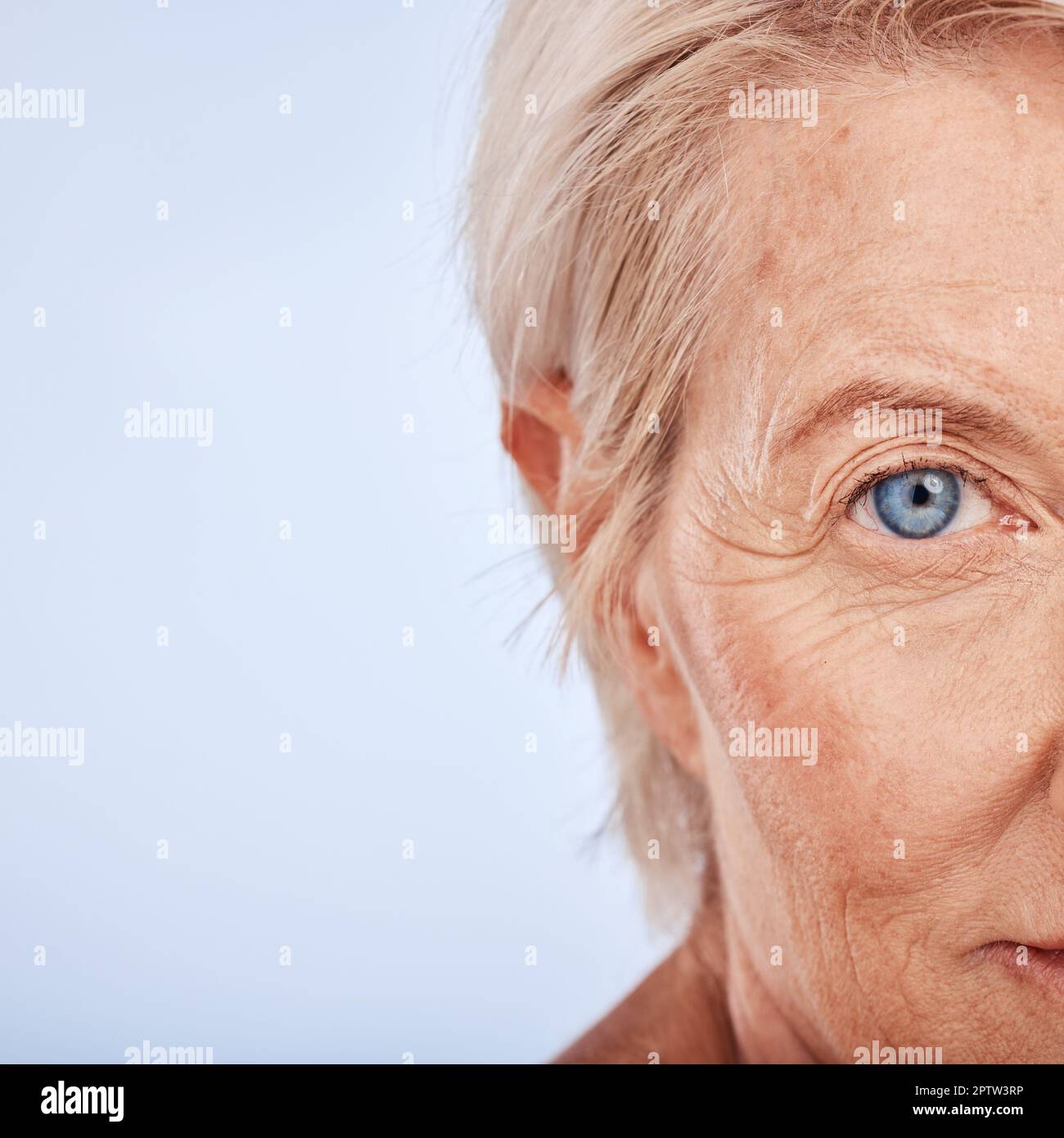 Portrait, senior woman and face skincare, zoom eye and vision with ...