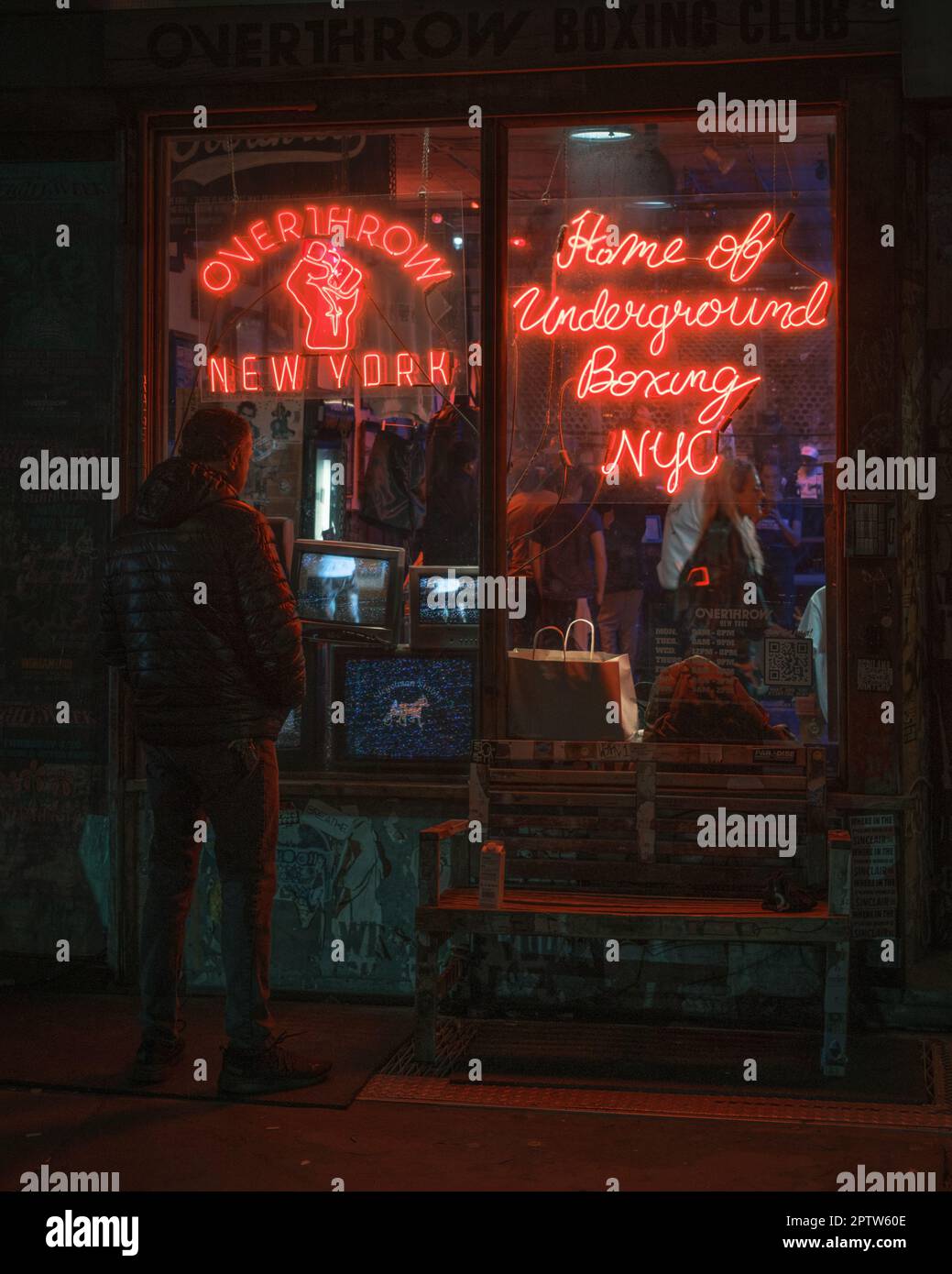 Overthrow Boxing Club neon sign at night, Manhattan, New York Stock ...