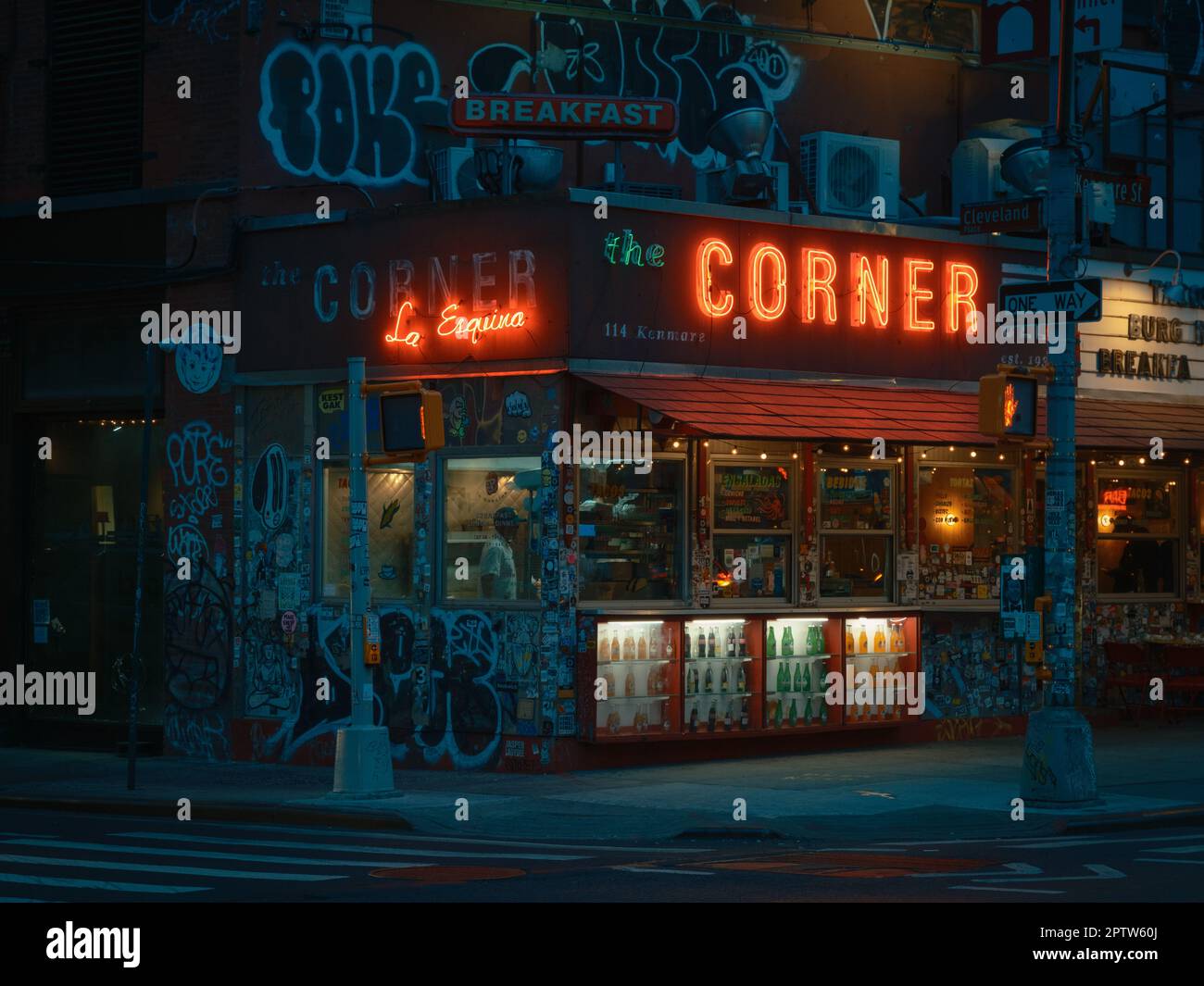 La Esquina "The Corner" neon signs at night in Soho, Manhattan, New ...