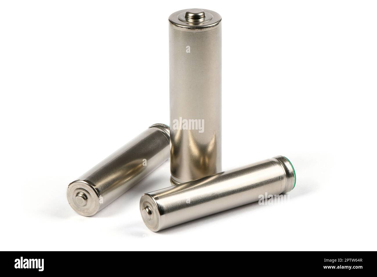 Two silver AAA and AA batteries isolated on white background. Extreme ...