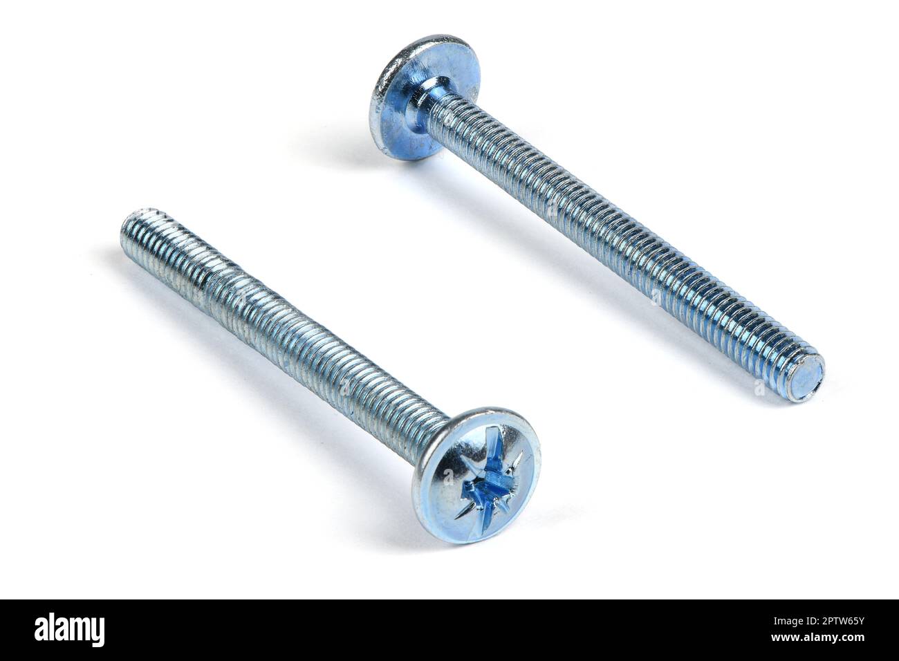 Two silver small screws on white background. Side view. High resolution ...
