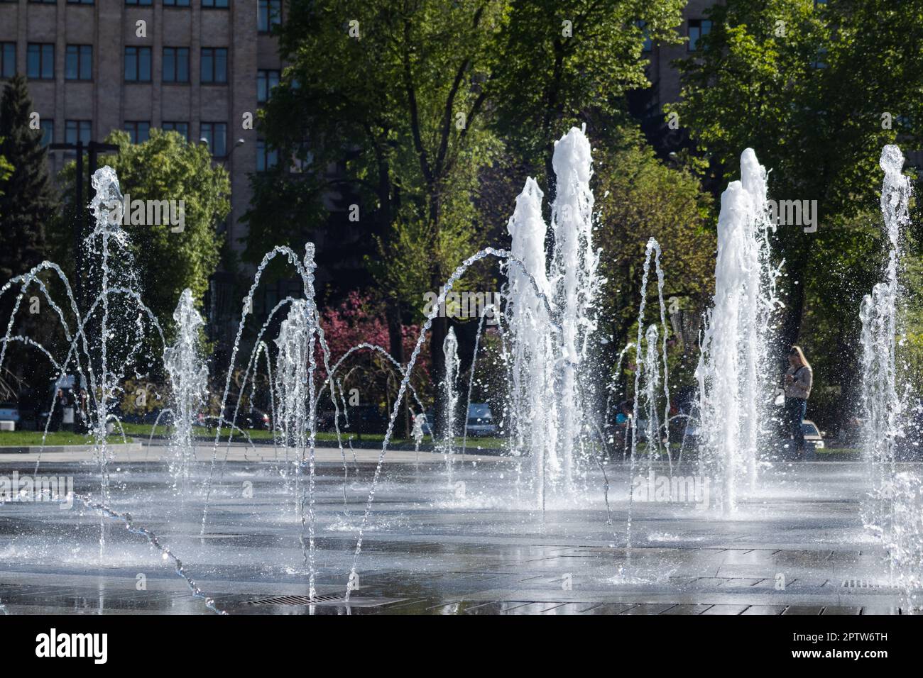 Fountains water drops close-up on Freedom square in Kharkiv city center ...