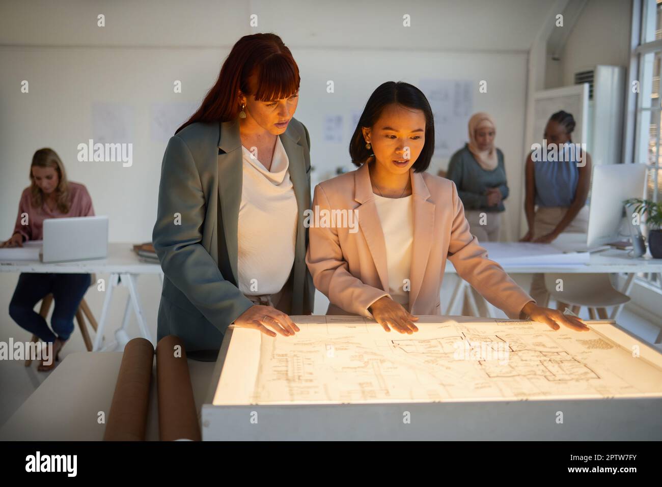 Business people, architect and floor plan in team strategy for ...