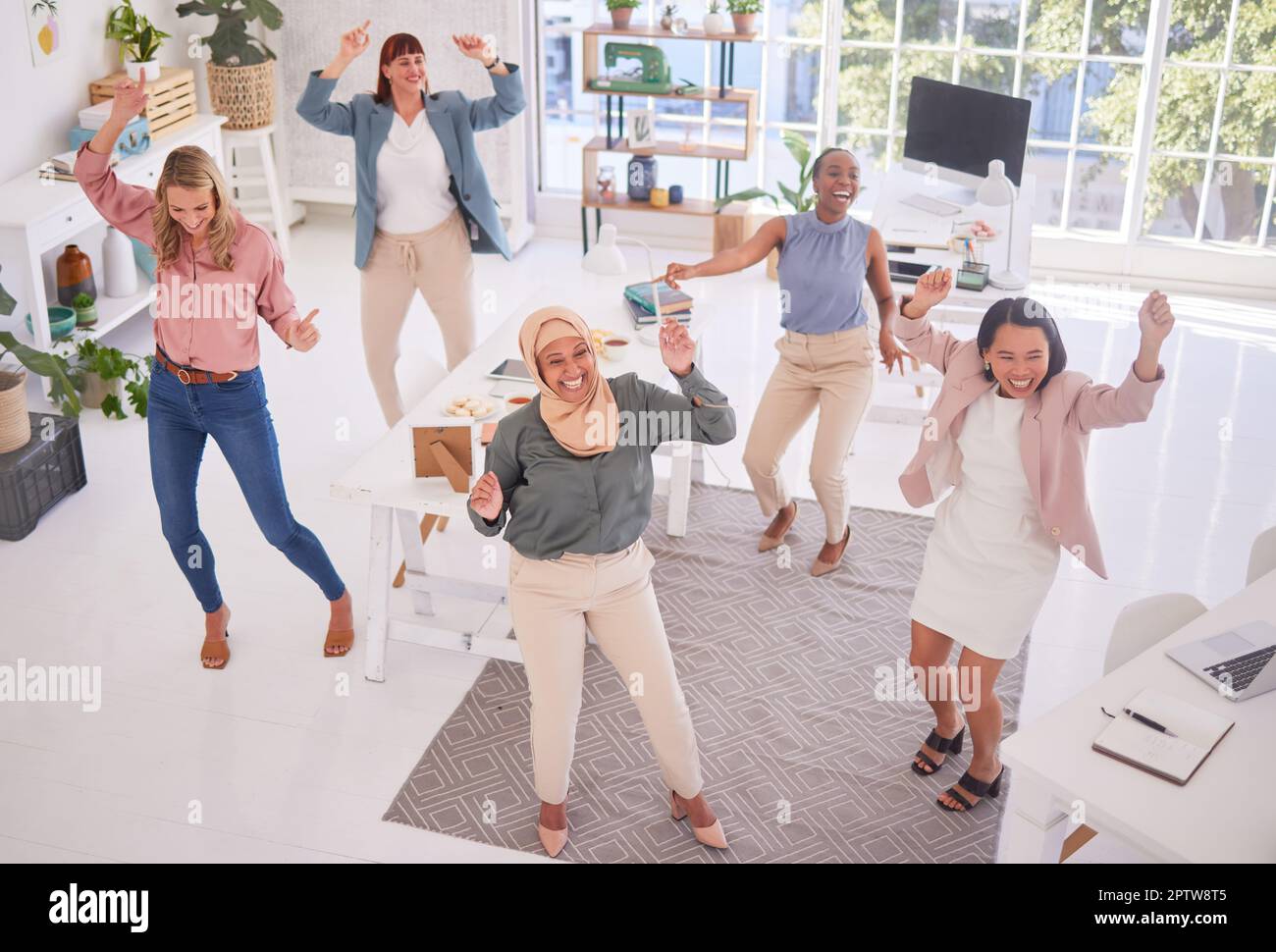 Business people, celebration and dancing in corporate success for ...