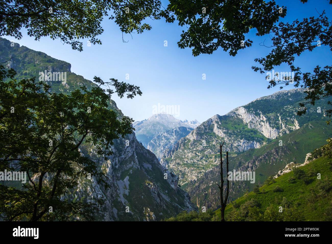 Mountain landscape around Bulnes village in Picos de Europa, Asturias ...