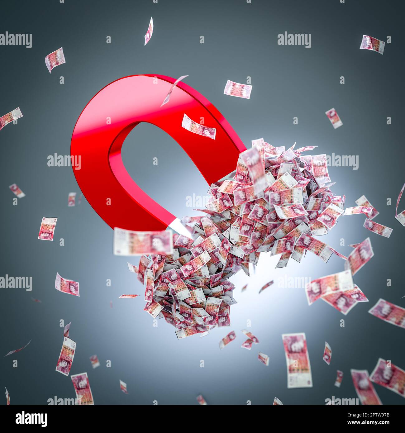big red magnet attracts pound notes. 3d render background Stock Photo ...