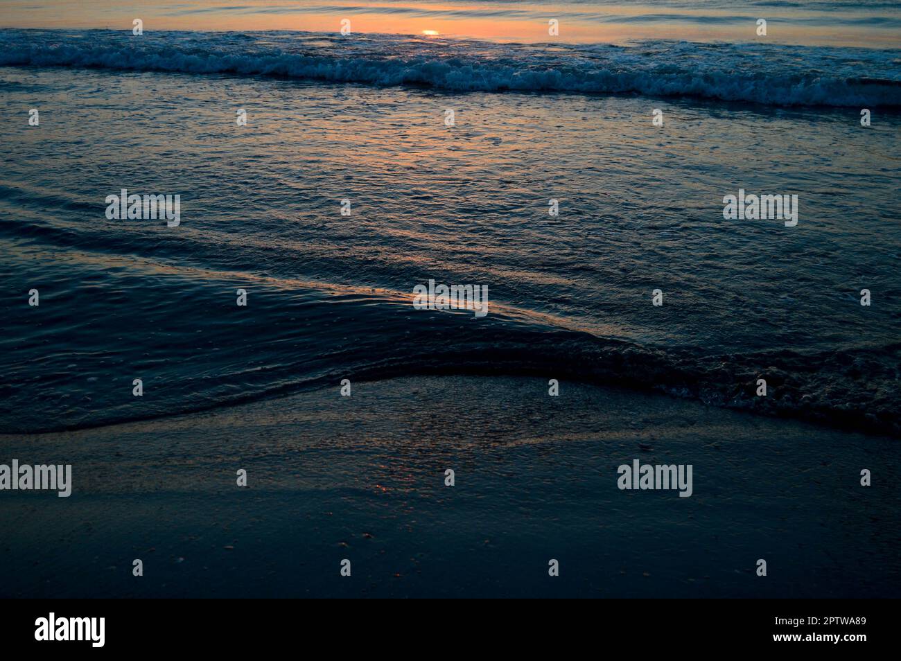 Beautiful summer landscape, sunset at the beach, sparkly sand and waves ...