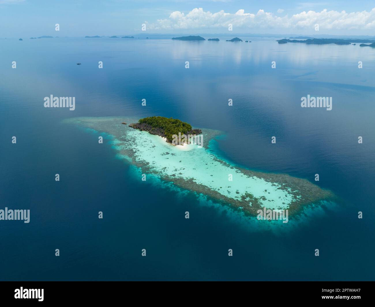 Beautiful coral reefs surround the dramatic limestone islands that rise ...