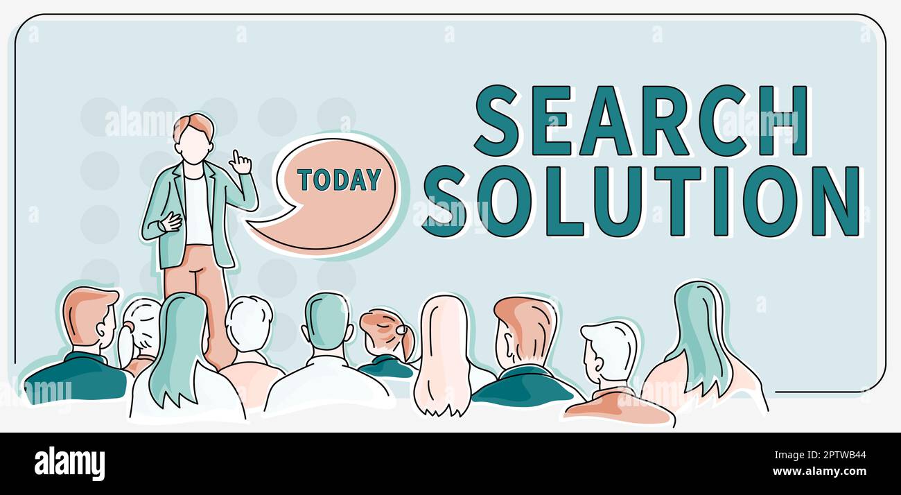 Text caption presenting Search Solution, Business overview finding the appropriate answer while ...