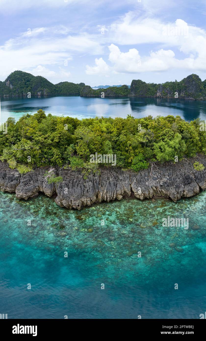 Beautiful coral reefs surround the dramatic limestone islands that rise ...