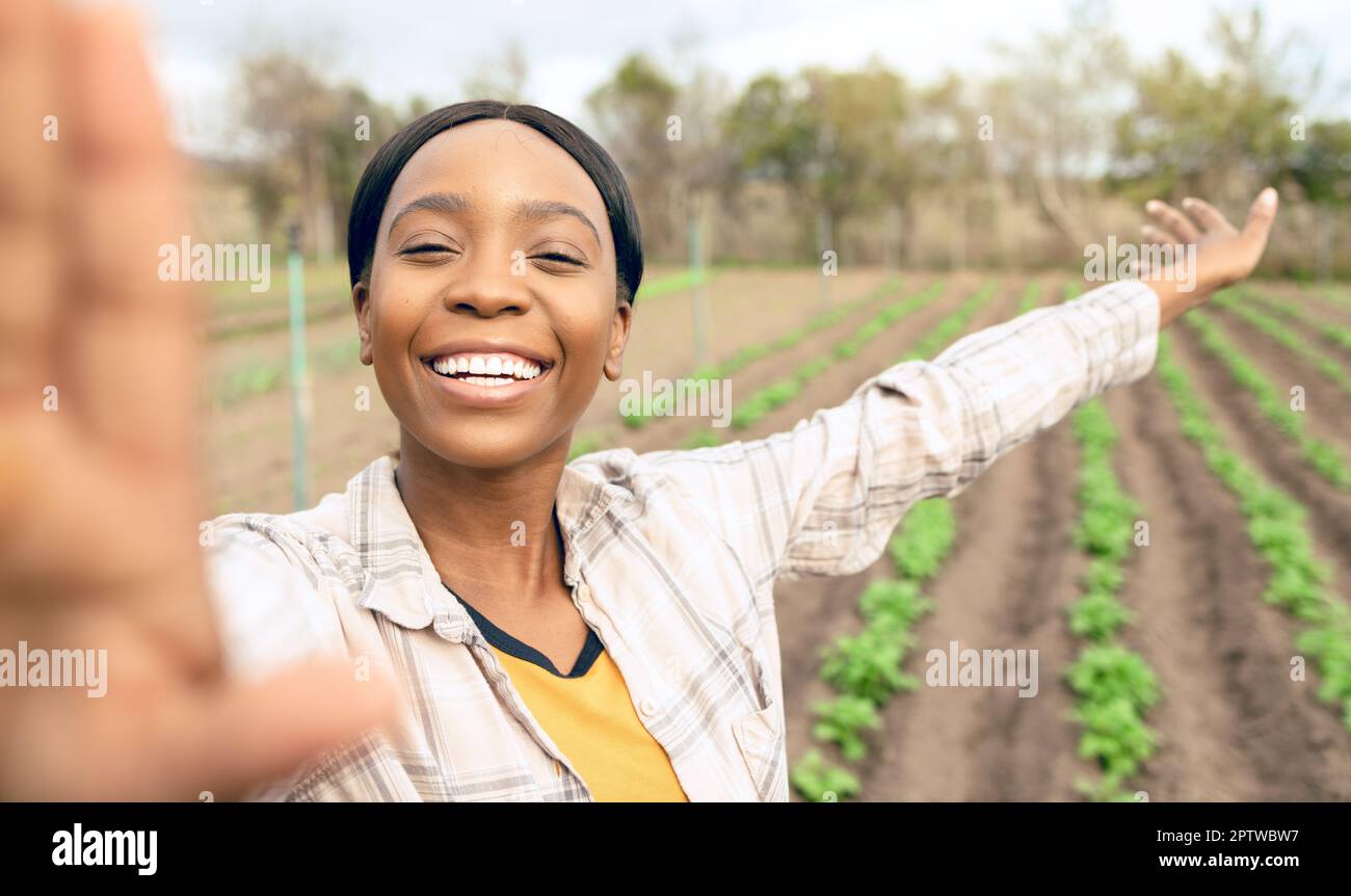 Farming, woman and selfie for vegetables, plants growth and quality ...