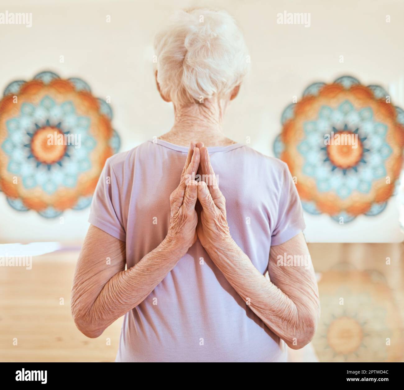 Elderly woman in pose for yoga, flexibility and fitness in studio ...