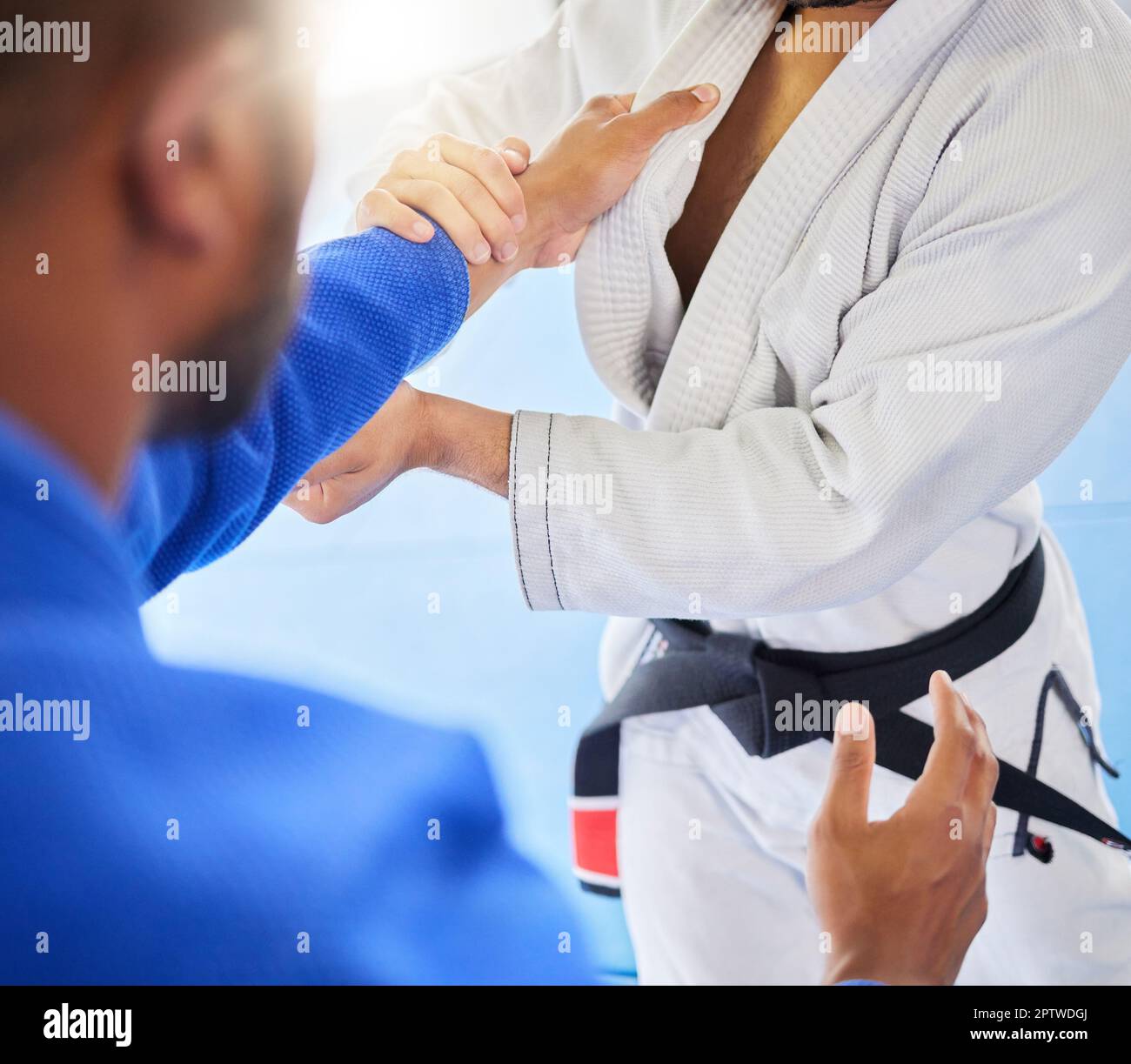 Man, closeup and karate training fight in gym, dojo and combat sport ...